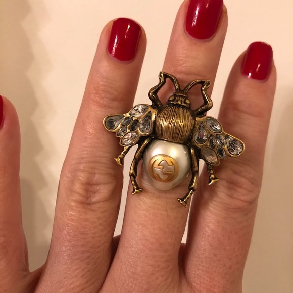 Gucci | Jewelry | Gucci Bee Ring In Antique Gold With Crystals And ...